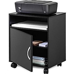 FITUEYES Printer Stand with Adjustable Storage Shelves, Mobile Black Wood Work Cart on Wheels, Rolling File Cabinet with Door for Home Office, PS404801WB
