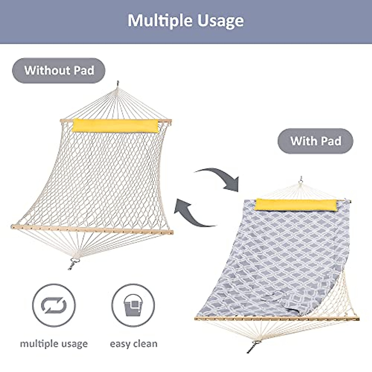 SUNCREAT Portable Double Rope Hammock with Pad, Two Person Tree Hammock for Garden, Backyard, Patio, Poolside, Gray Drops