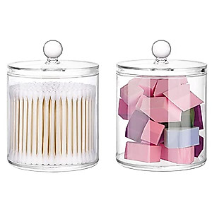 DAPOWER 20-Ounce Qtip Holder Storage Canister Set of 2, Clear Plastic Apothecary Jar with Lid, Bathroom Makeup Organizer for Cotton Ball, Cotton Swab, Pads, Powder Puffs (2)