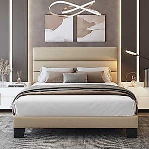 WEEWAY Queen Bed Frame Platform Bed with Linen Fabric Upholstered Headboard and Wooden Slats Support, Heavy Duty Mattress Foundation, No Box Spring Needed, Easy Assembly, Beige