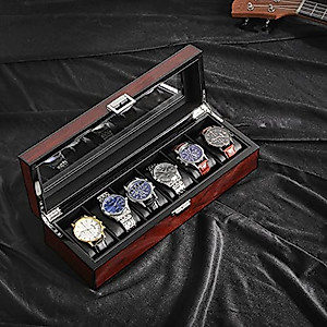 IBUYKE Watch Box with Removable Watch Pillow 6 Slots Solid Wood Watch Display Case for Mens Jewelry Organizer with Large Glass Lid JWB006H