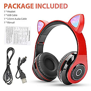Niaviben Headphones Over-Ear Bluetooth 5.0 Wireless Cat Ear Headphones LED with Mic Headphone Support Wire and Wireless Mode for Kids and Girls Black