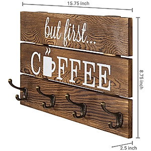 MyGift Burnt Wood Coffee Mug Wall Rack, Wall Mounted Decorative Coffee Bar Sign with 'But First Coffee' and 8 Dual Hooks