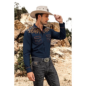 COOFANDY Western Shirts for Men with Snap Buttons Regular Fit Printed Mens Long Sleeve Shirts Casual Blue Large