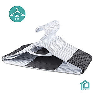 Perfecasa Extra Non Slip Plastic Clothes Suit Hangers with Sure Grip Rubber, 30 Pack, with 360° Swivel Hook, Space Saving, Light Weight, Wet and Dry Use (Pure White/Cool Grey)