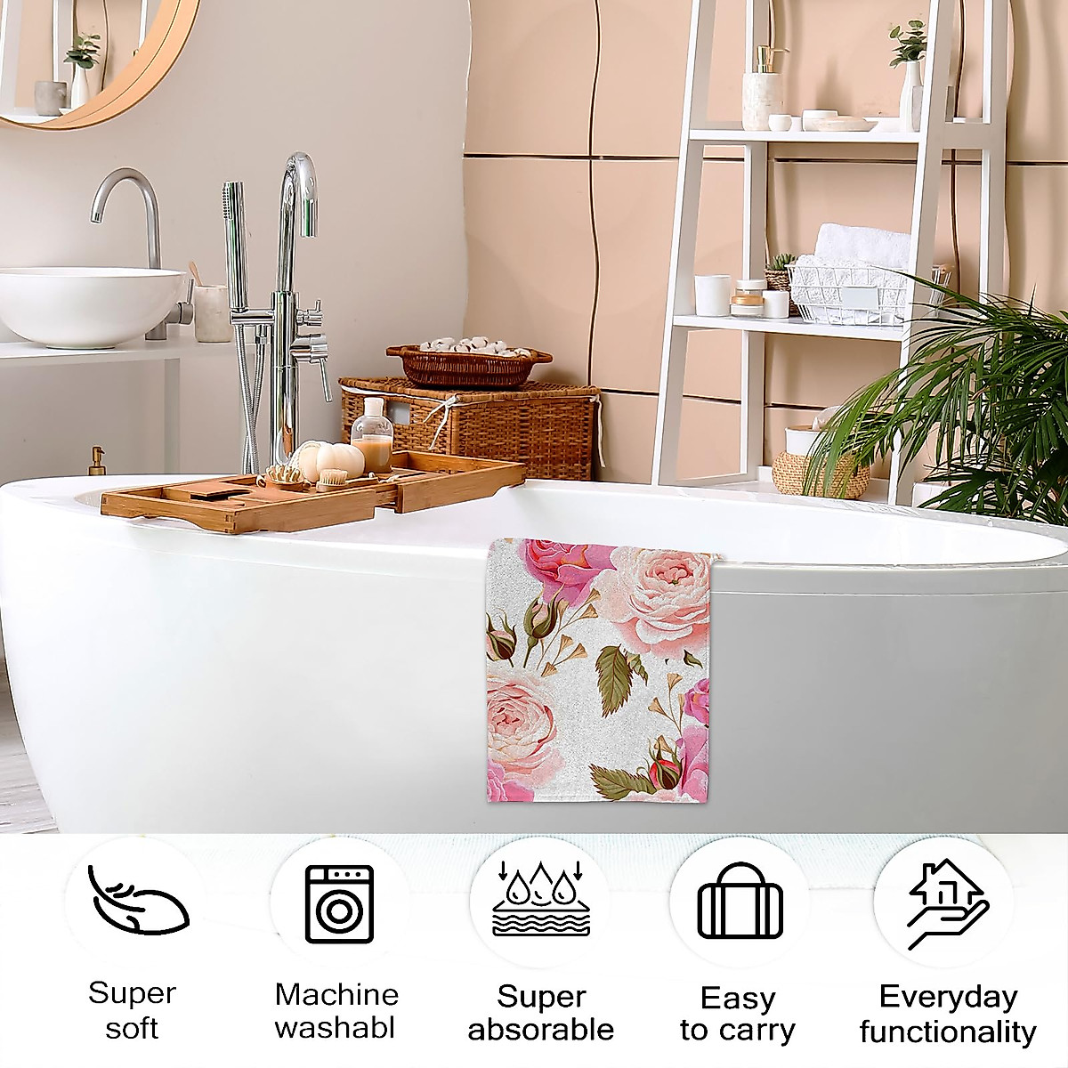 Cotton Bath Hand Towels for Bathroom - Ultra Soft Microfiber Face Towel with Pink Rose, Highly Absorbent Quick-Drying Lightweight Spa Towel, Washcloth Dish Tea Towels for Kitchen 30 x 15 inch