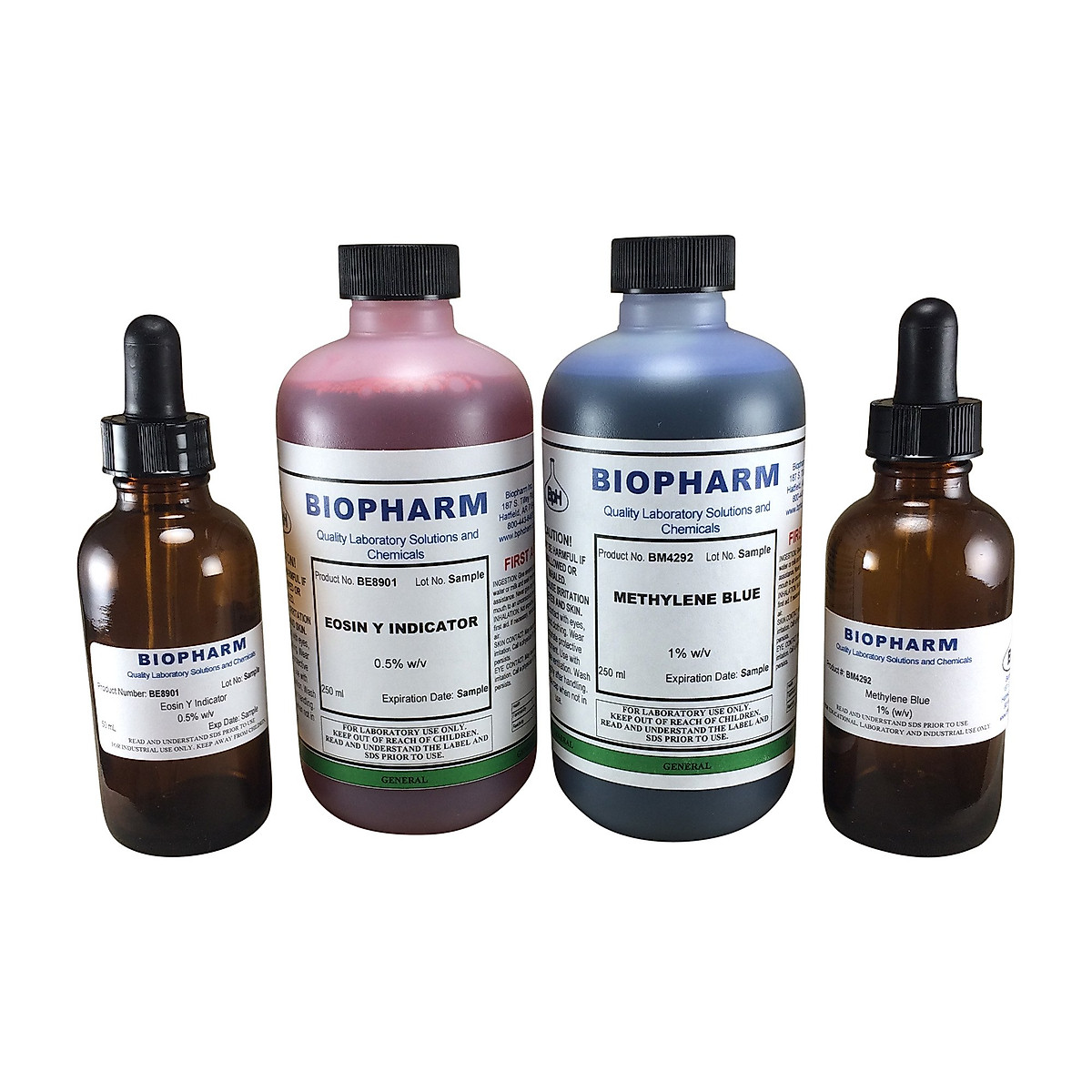 Eosin Y 0.5% (w/v) and Methylene Blue 1% (w/v) Aqueous Solution Staining Kit: 250 mL (8.4 fl oz) of Each with Bonus Dropper Bottles
