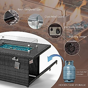 High-Craft 43'' Rectangular Patio Propane Fire Pit Table Gray PE Wicker 55,000 BTU H-Burner Dural Heating Outdoor Firepits 8mm Glass Top & Aluminum Frame Anti-Rust with Cover & Windguard