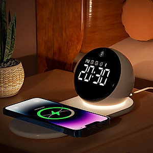 Digital Clock, Alarm Clock with Fast 15W Wireless Charger for Bedroom,Teen Girls Boys Gifts, Dual Alarm, 20 Sleep Sounds, Bluetooth Speaker, Night Light, Bedside Clock for Heavy Sleepers Adults