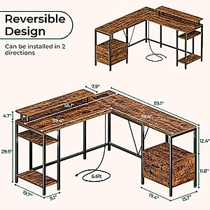 Huuger L Shaped Computer Desk with Power Outlets & LED Lights, Reversible Computer Desk with File Cabinet & Storage Shelves, Corner Desk Home Office Desk, Rustic Brown