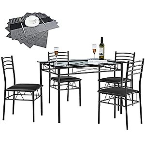 VECELO Dining Table with 4 Chairs [4 Placemats Included, Black, 43.3x27.5x30, 15.7x16.9x33.8