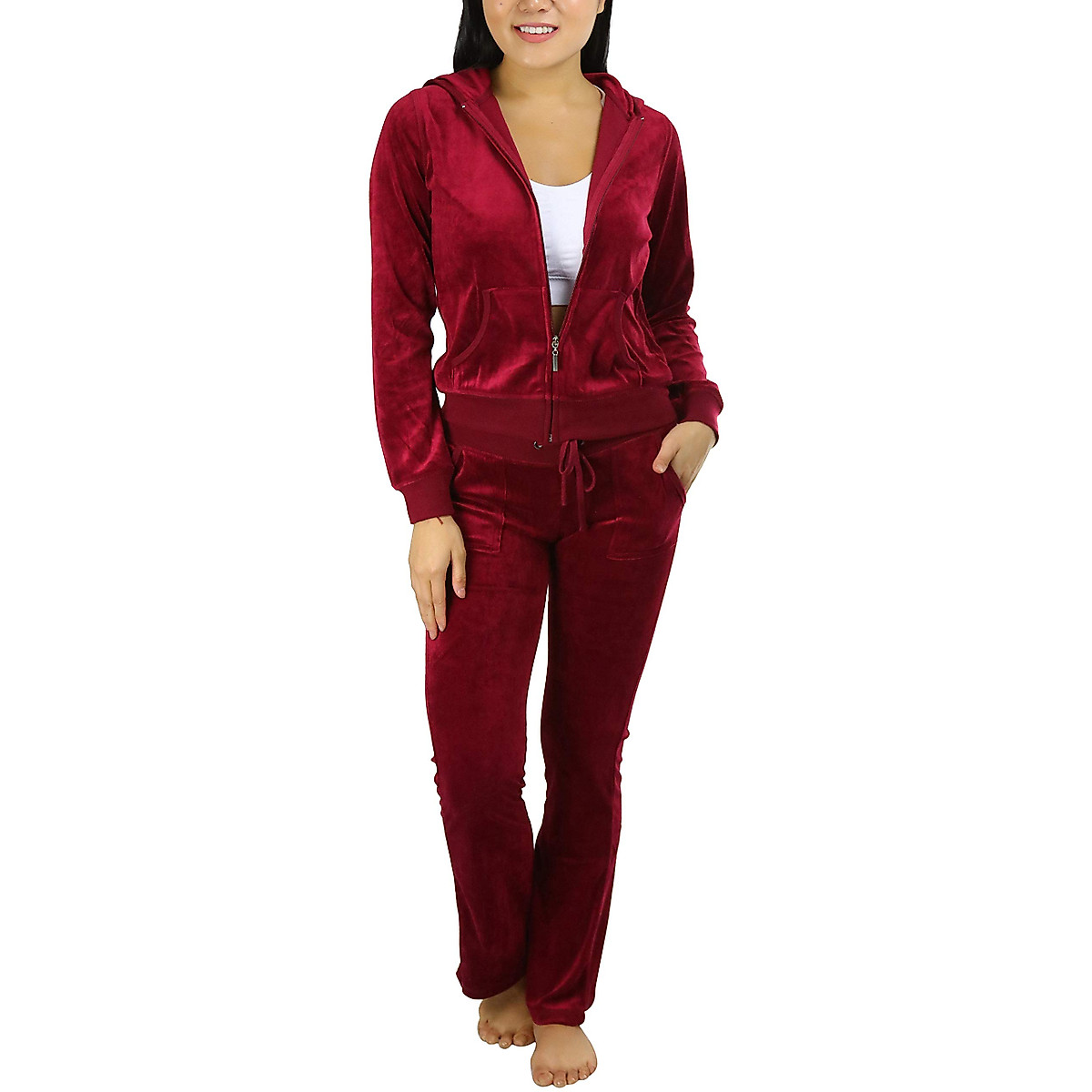 ToBeInStyle Women’s Cozy Lounge Velour Hooded Jacket and Matching Pants - Burgundy - M