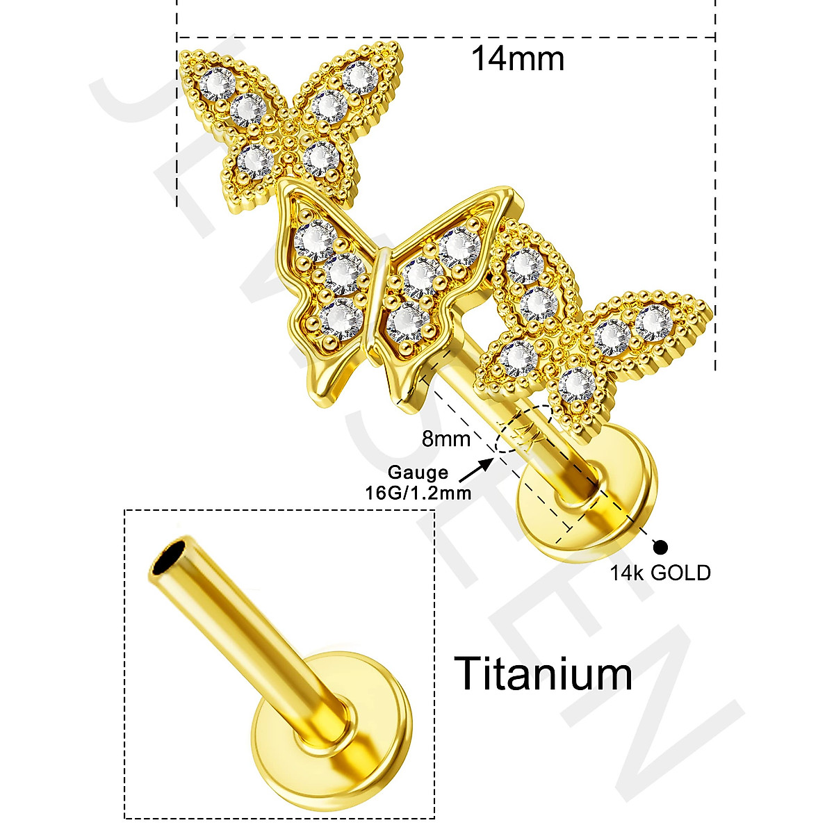 Jewseen 14K Solid Gold Snake Cartilage Earring 16g Flat Back Stud Helix Piercing Jewelry Tragus Earring Conch Stud Titanium Labret Post Lip Ring Nose Stud for Women Men
