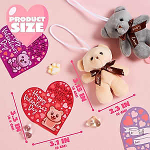 JOYIN 24 Packs Valentine's Day Heart Cards with Plush Toy Party Favors, Mini Stuffed Animal Plush Toys for Valentines Day Gifts, Kids Classroom School Exchange Prize (brown bear)