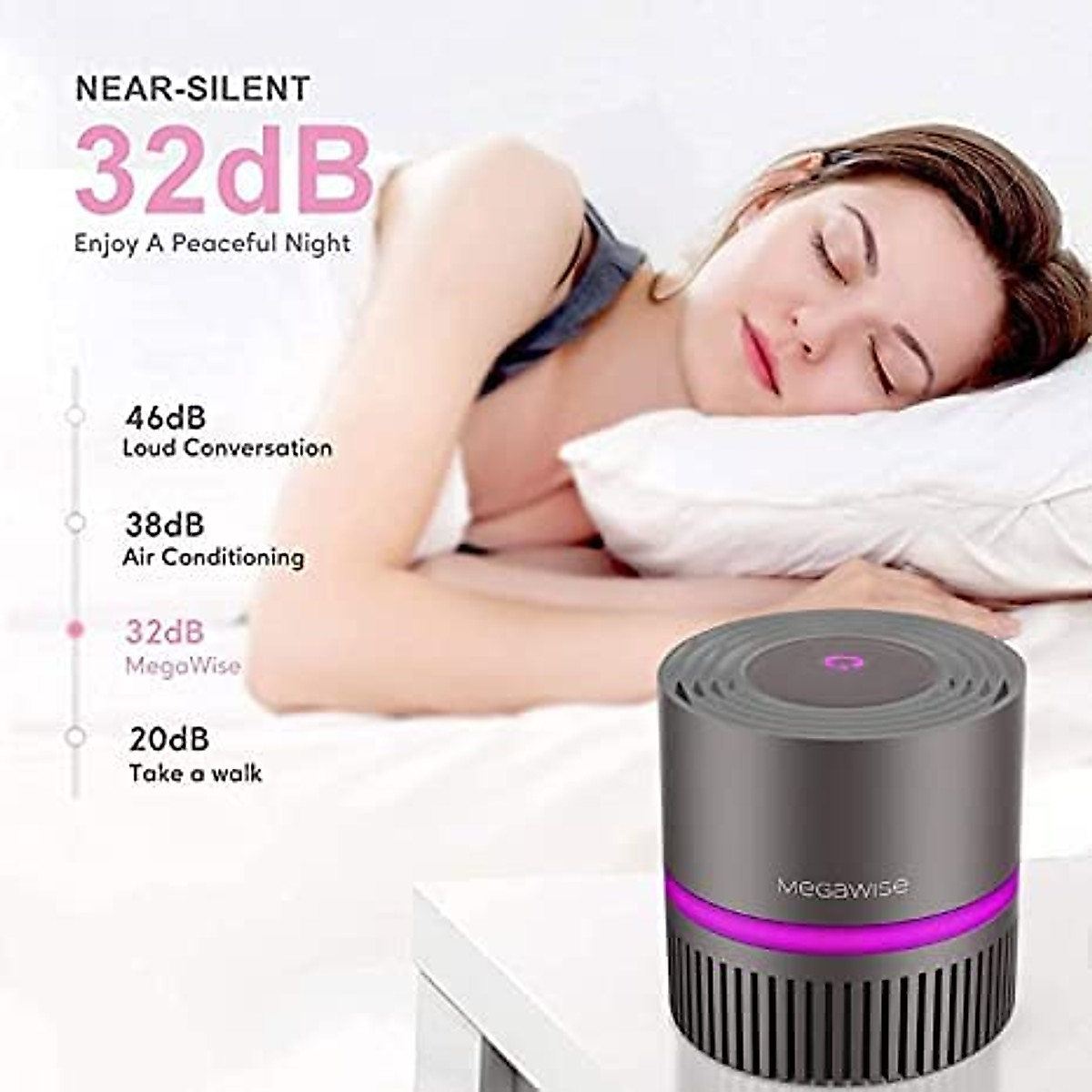 MEGAWISE True H13 HEPA Air Purifier for Home Bedroom Small Room Office, 3-IN-1 Filtration Air Cleaner for Smoke, Dust, Pet Dander, 100% Ozone Free, Available for California