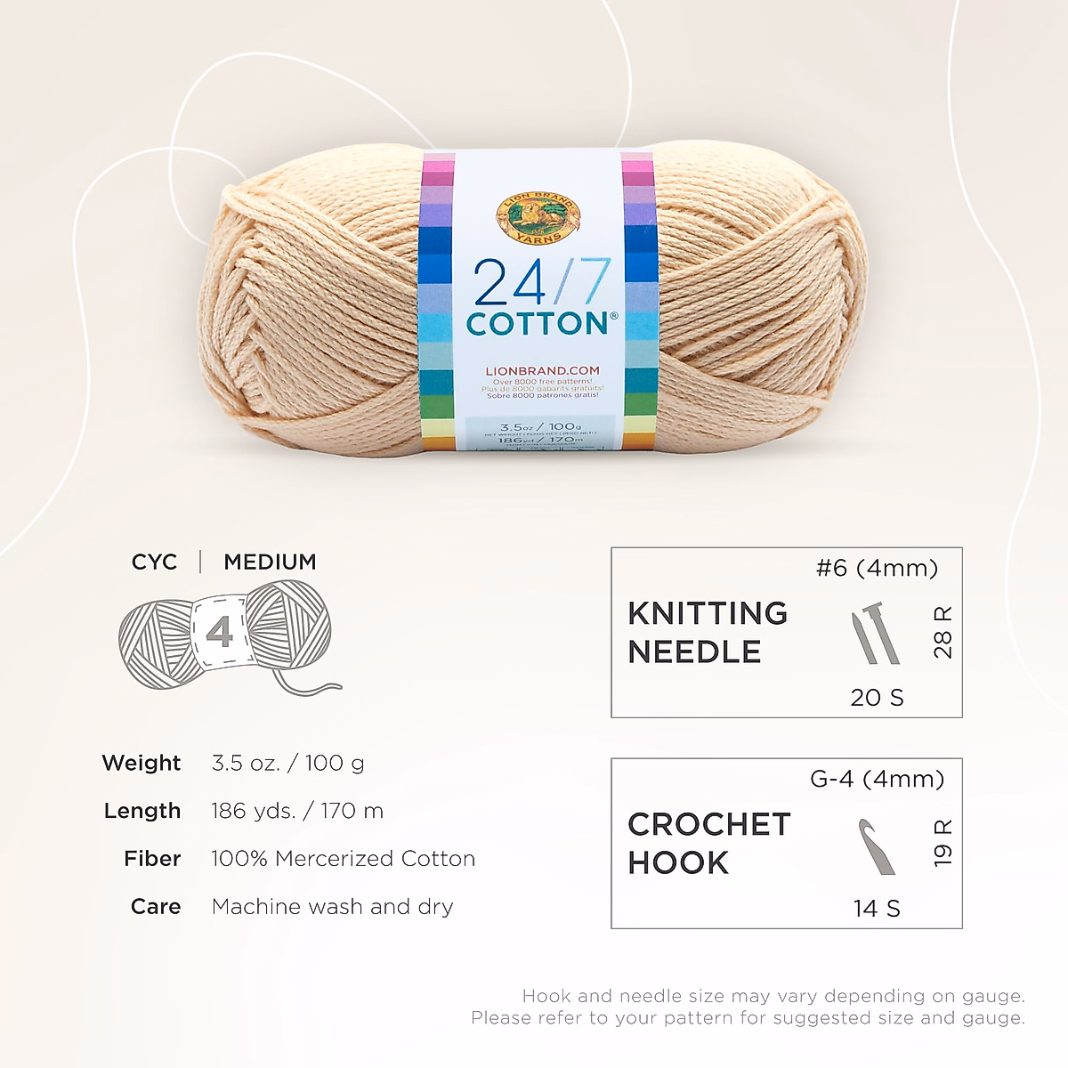 Lion Brand 24/7 Cotton Yarn, Lightweight Yarn for Knitting, Crocheting, and Crafts, Ecru, 3 Pack