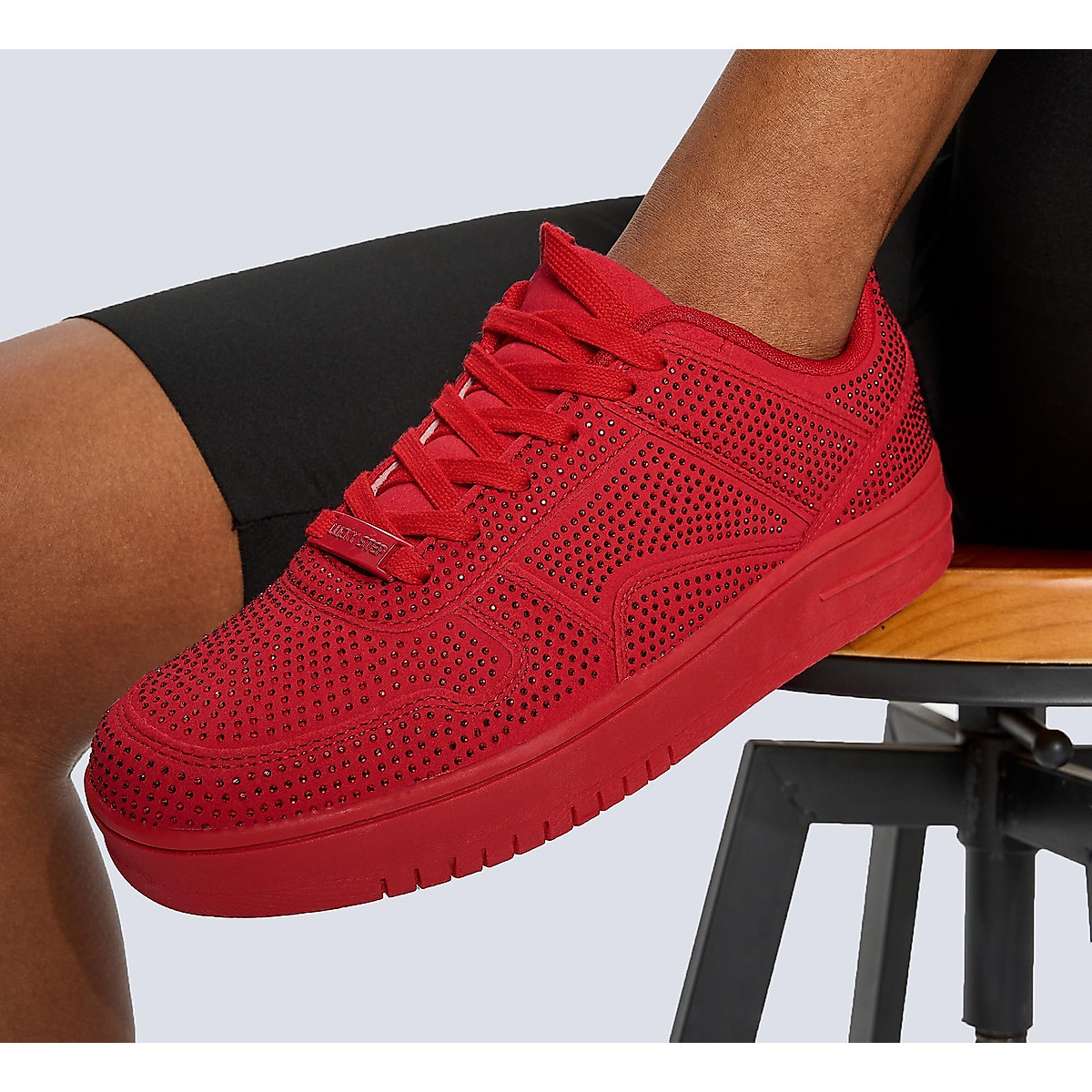 LUCKY STEP Women Fashion Sparkle Rhinestone Sneakers White Leather Low Top Tennis Shoes Lace Up Casual Comfortable Walking Shoe(Red Rhinestone,10B(M) US)