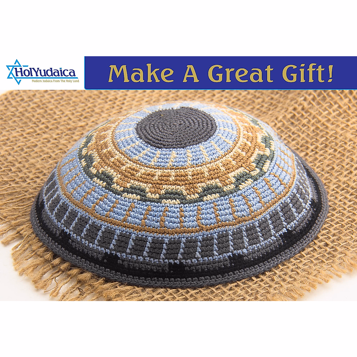 HolYudaica Hand Made 100% Cotton DMC Hand Knitted Kippah Hat Designed in Israel, Yamaka Jewish Hats for Men, Yarmulke Hat (Blue Grey, 19cm-7.5inch-Flat)