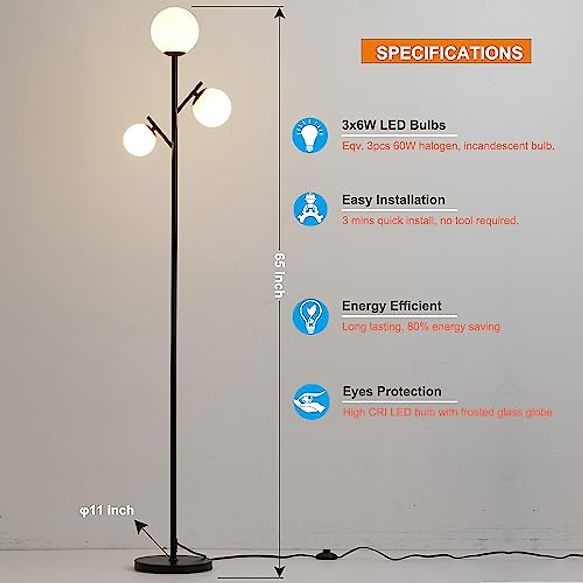 Fiqevs 3 Globe Modern Black Floor Lamp, Mid Century Contemporary Standing Lamp with Sphere Frosted Glass Shade and 3pcs 3000K LED Bulbs, LED Tall Floor Lamp for Living Room, Office, Hotel