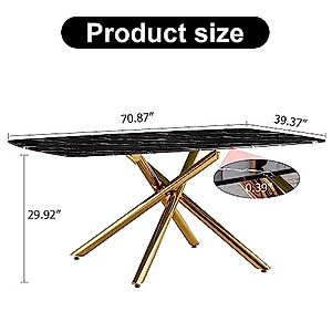 SSLine Faux Marble Dining Table,71 Inch Tempered Glass Dining Table,Modern Rectangular Table with X-Sahped Gold Metal Legs for Home,Kitchen