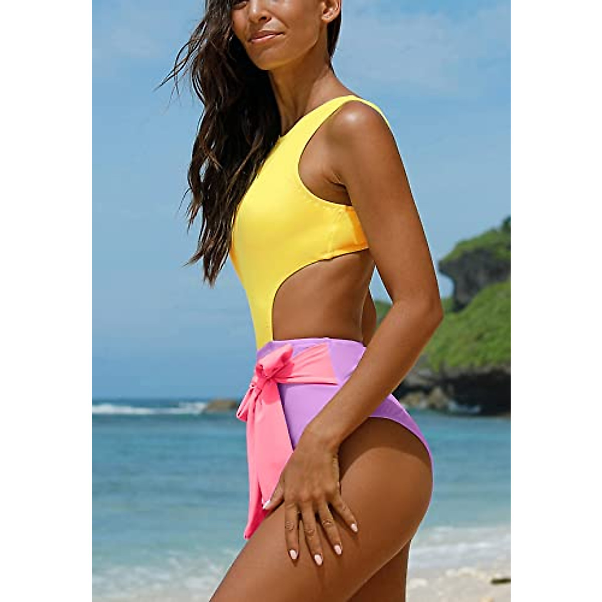 popvil One Piece Bathing Suit for Women High Waisted Cutout Swimsuit Scoop Neck Swimwear