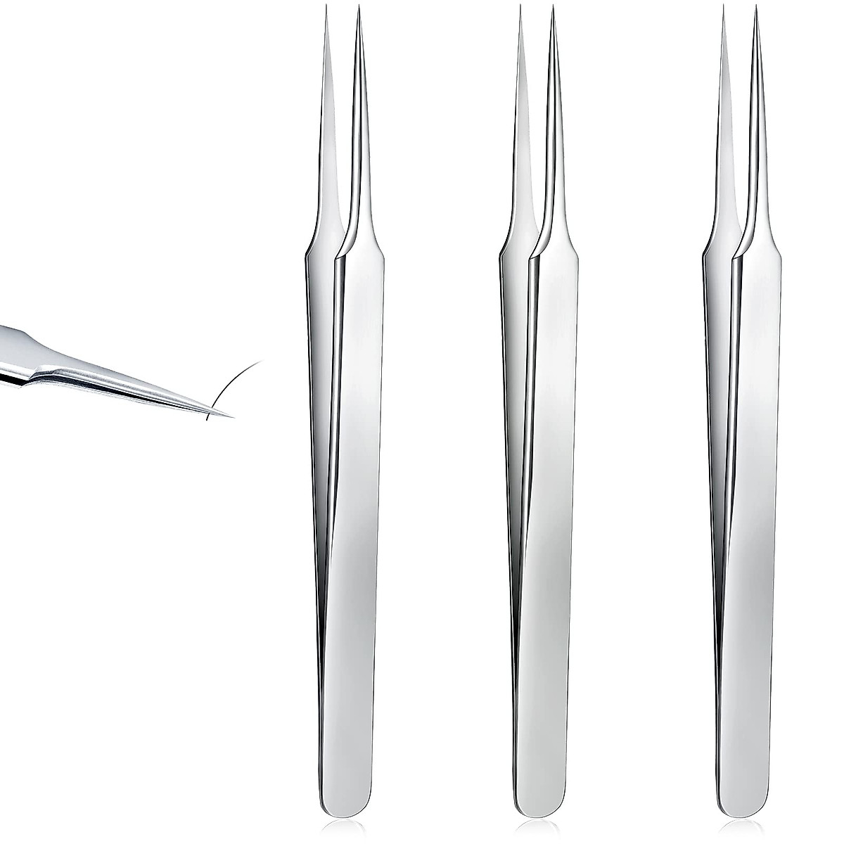 3 Pieces Ingrown Hair Tweezers Stainless Steel Splinter Tweezers Pointed Blackhead Remover Precision Eyebrow Tweezers for Facial Hair, Ingrown Hair, Splinter and Blackhead Remover (Silver)