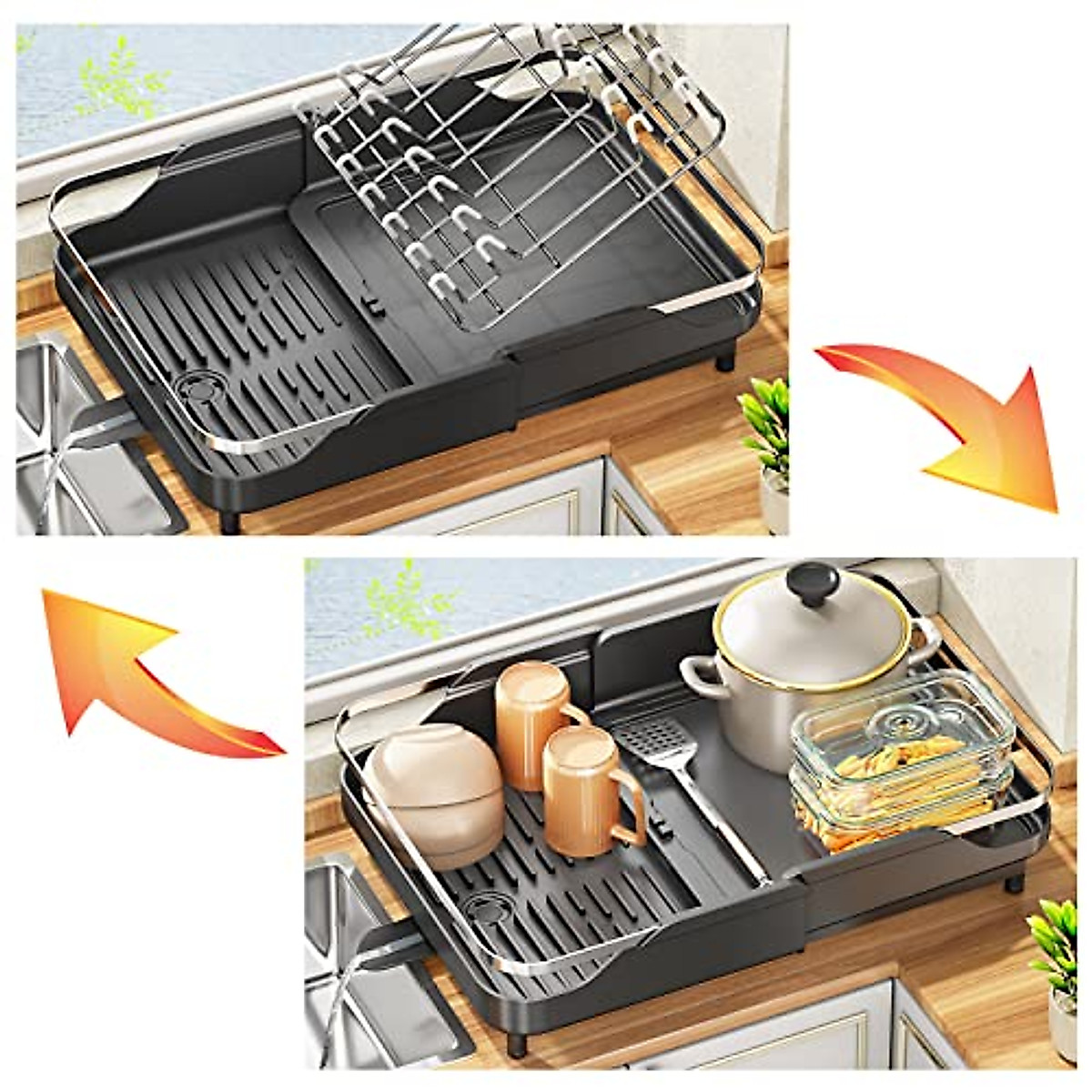 PXRACK Dish Drying Rack, Expandable(11.5"-19.3") Dish Rack for Kitchen Counter, Dish Rack and Drainboard Set, Dish Drainer with Utensil Holder for Kitchen Sink, Black