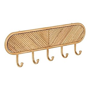 Kate and Laurel Tioga Boho Rattan Wall Mounted Coat Rack, 20 x 3 x 8, Natural Wood, Five Decorative Coat Hooks and Hat Rack with Trendy Rattan Wrapped Capsule Base for Boho Wall Decor