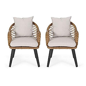 Becky Indoor Wicker Club Chairs with Cushions (Set of 2), Light Brown and Beige
