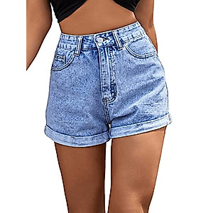 SweatyRocks Women's High Rise Hem Straight Leg Roll Up Denim Jean Shorts with Pocket Light Wash Medium
