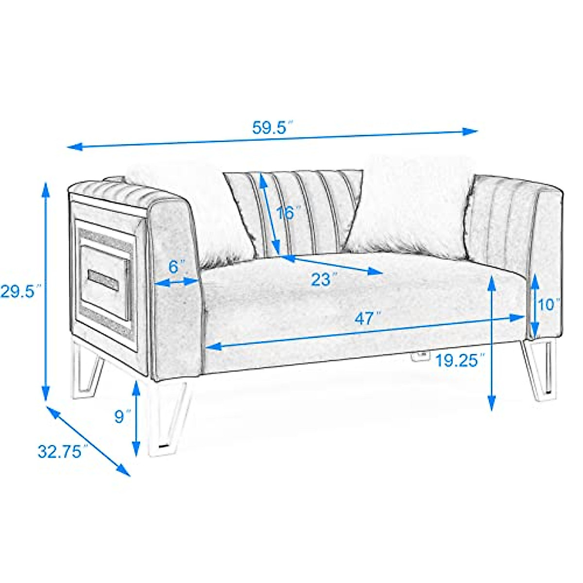 Melpomene Velvet Living Room Loveseat Sofa with Mirrored Side Trim,Faux Diamonds and 2 Villose Pillows,Grey