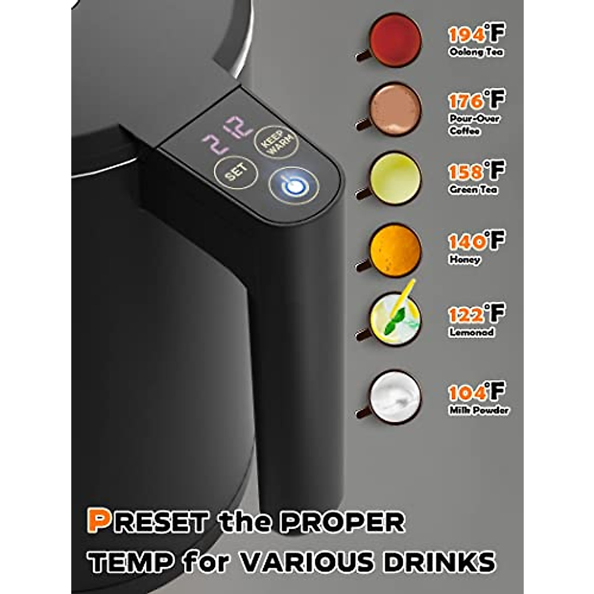 JOYHILL Electric Kettle Temperature Control,6 Variable Temperature Tea Kettle, Stainless Steel Interior 12 Hours Keep Warm,1500W Hot Water Boiler with STRIX Thermostat and Boil-Dry Protection,Black