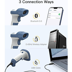 Inateck Bluetooth Barcode Scanner, 2D Wireless Barcode Scanner, Bluetooth 5.0 and 2.4Ghz Adapter, 3 in 1 Reader, Support GS1 Barcode, BCST-73 Blue White
