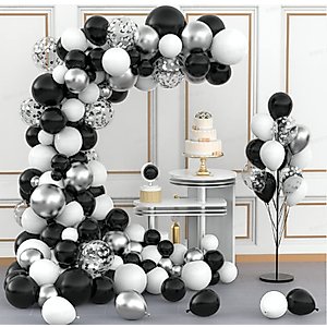 Black White Balloon Garland Kit Kelfara 120Pcs Different Sizes 12/10/5 inch Matte Black White and Metallic Silver Confetti Latex Balloons for Wedding Birthday Party Accessory Arch Decoration