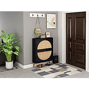 HomVent Rattan Shoe Cabinet with 2 Flip Drawers, Freestanding Rattan Shoe Organizer Hidden Shoe Storage Cabinet, Rustic Wood Entryway Shoe Rack for Entryway, Living Room (2 Drawers, Black)