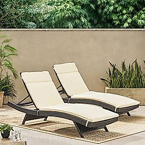 Christopher Knight Home Salem Outdoor Wicker Adjustable Chaise Lounges with Cushions, 2-Pcs Set, Multibrown / Beige