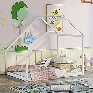 Tensun Full Size Wooden House Bed with Roof for Toddlers,Kids,Girls, Boys, Bedroom Children Full Floor Bed Frame,No Box Spring Needed,White