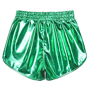Metallic Shorts for Big Girls Gymnastics Dance Shorts Shiny Green Hot Pants 14 15
