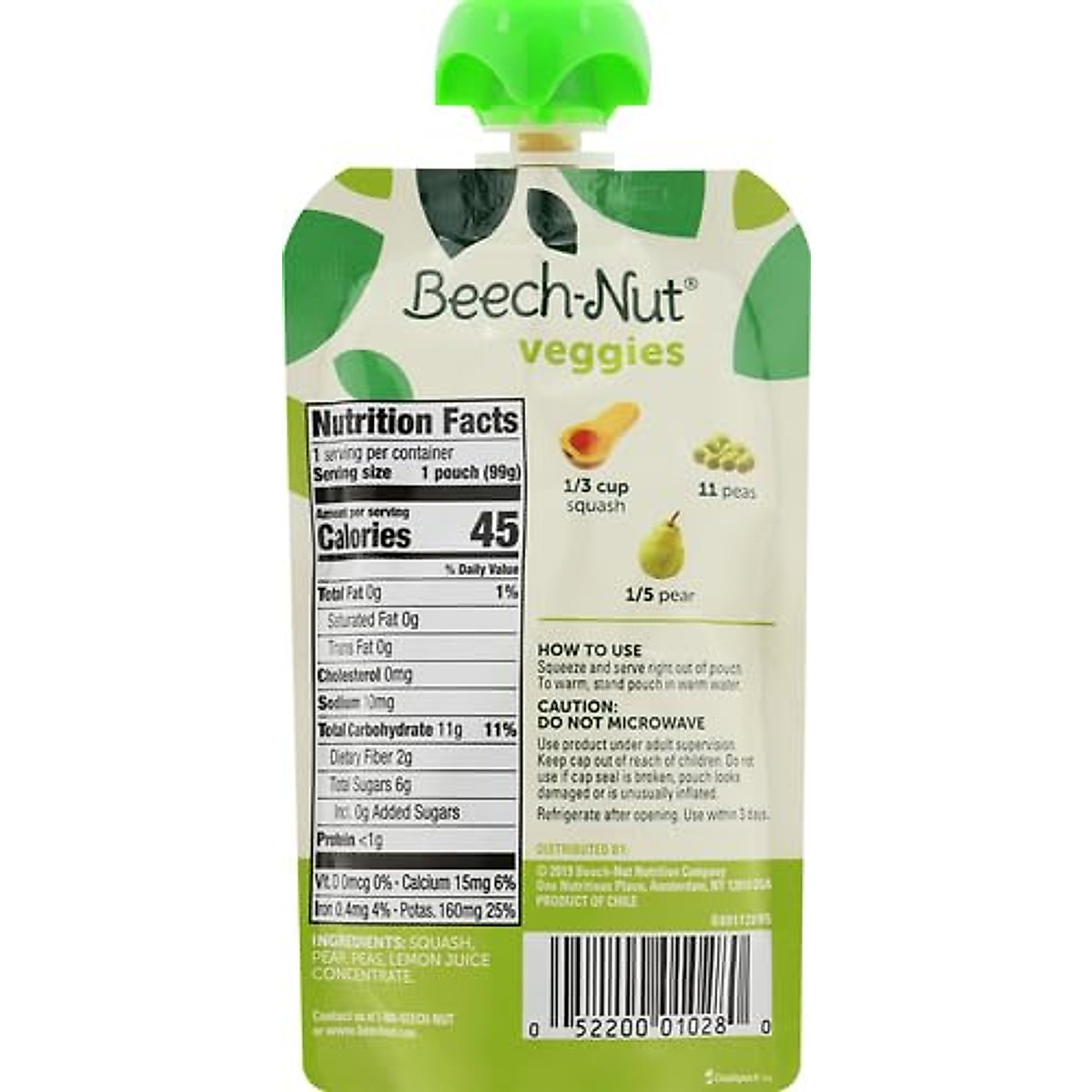 Beech-Nut Veggies Stage 2 Baby Food, Squash Peas & Pears, 3.5 oz Pouch