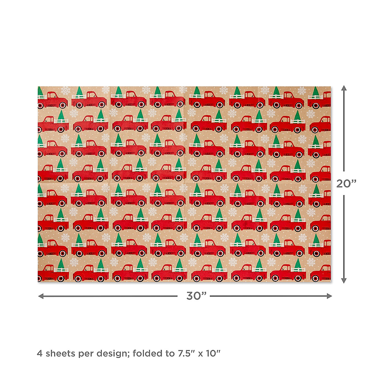 Hallmark Recyclable Kraft Christmas Flat Wrapping Paper Sheets with Cutlines on Reverse (12 Folded Sheets with Sticker Gift Tags) Rustic Red Trucks, White Snowflakes, "Merry Christmas" Lettering