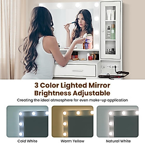 Vanity Desk with Mirror and Lights - White Vanity Table with Power Strip, 4 Drawers and Display Cabinet, 39.5'' Bedroom Makeup Desk with Nightstand and Tabletop Shelf, Brightness Adjustable