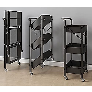 3 Tier Foldable Storage Cart with Wheels Folding Utility Rolling Cart Metal Kitchen Storage Organzier Cart for Classroom, Bedroom, Living Room