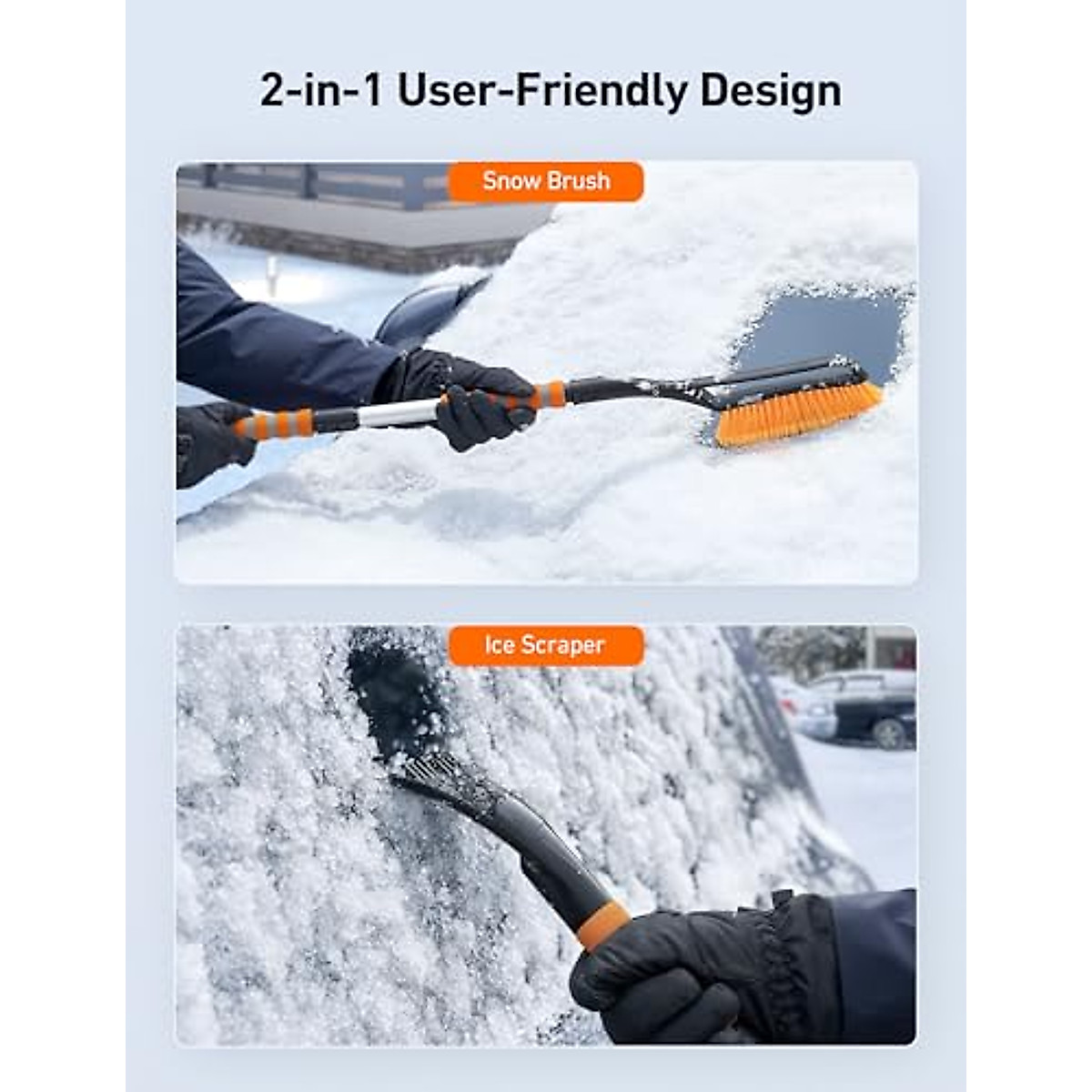 AstroAI 40" Snow Brush and Ice Scrapers for Car Windshield, Detachable Snow Scrapers with Ergonomic Foam Grip for Cars, Trucks, SUVs (Heavy Duty ABS, PVC Brush, Orange)