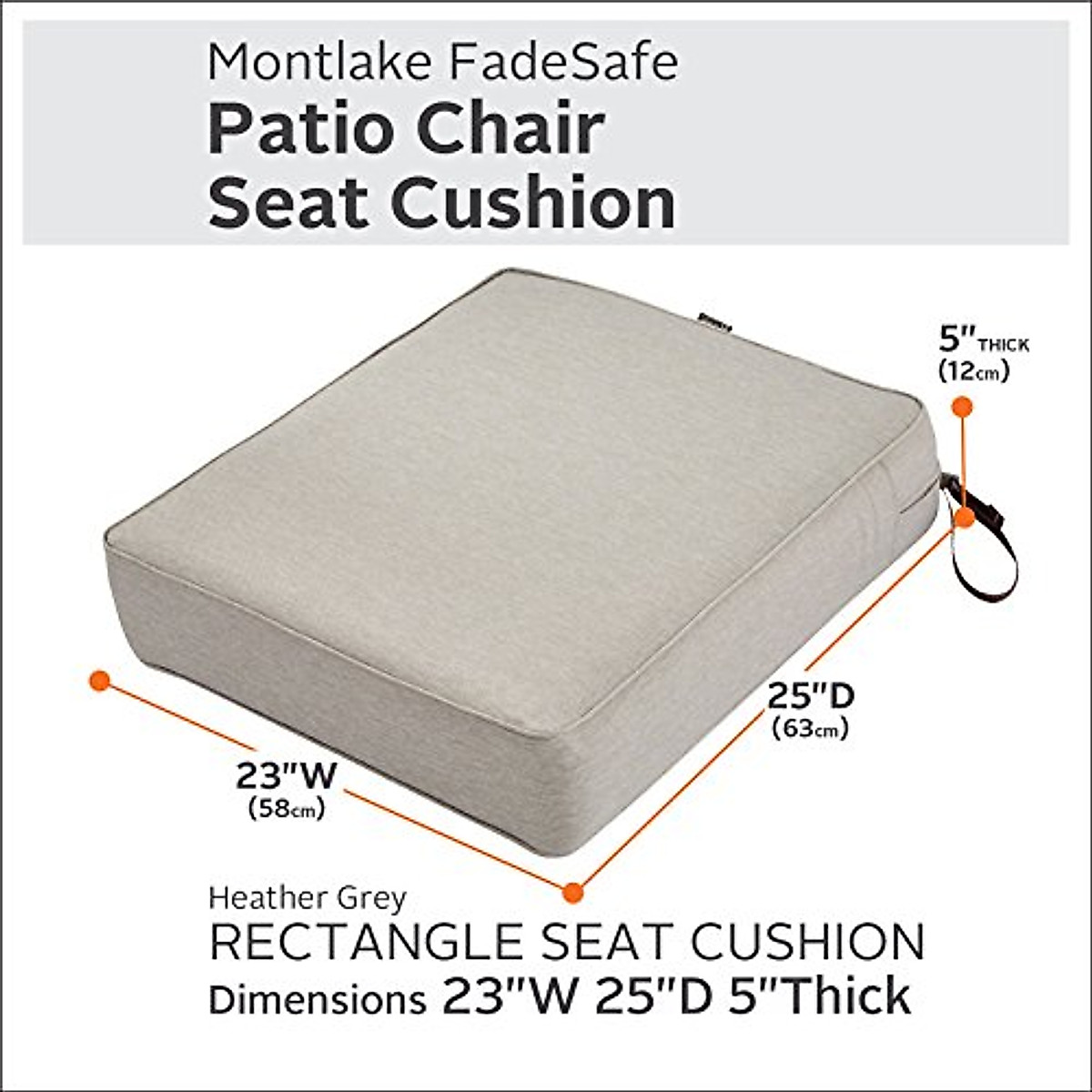 Classic Accessories Montlake Water-Resistant 23 x 25 x 5 Inch Rectangle Outdoor Seat Cushion, Patio Furniture Chair Cushion, Heather Grey, Patio Furniture Cushion Covers