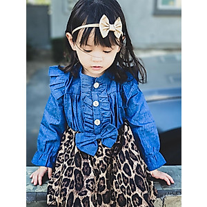 Toddler Baby Girl Long Sleeve Fall Dress Infant Denim Leopard Ruffle Dresses Cheetah Outfit, Blue, 2-3T