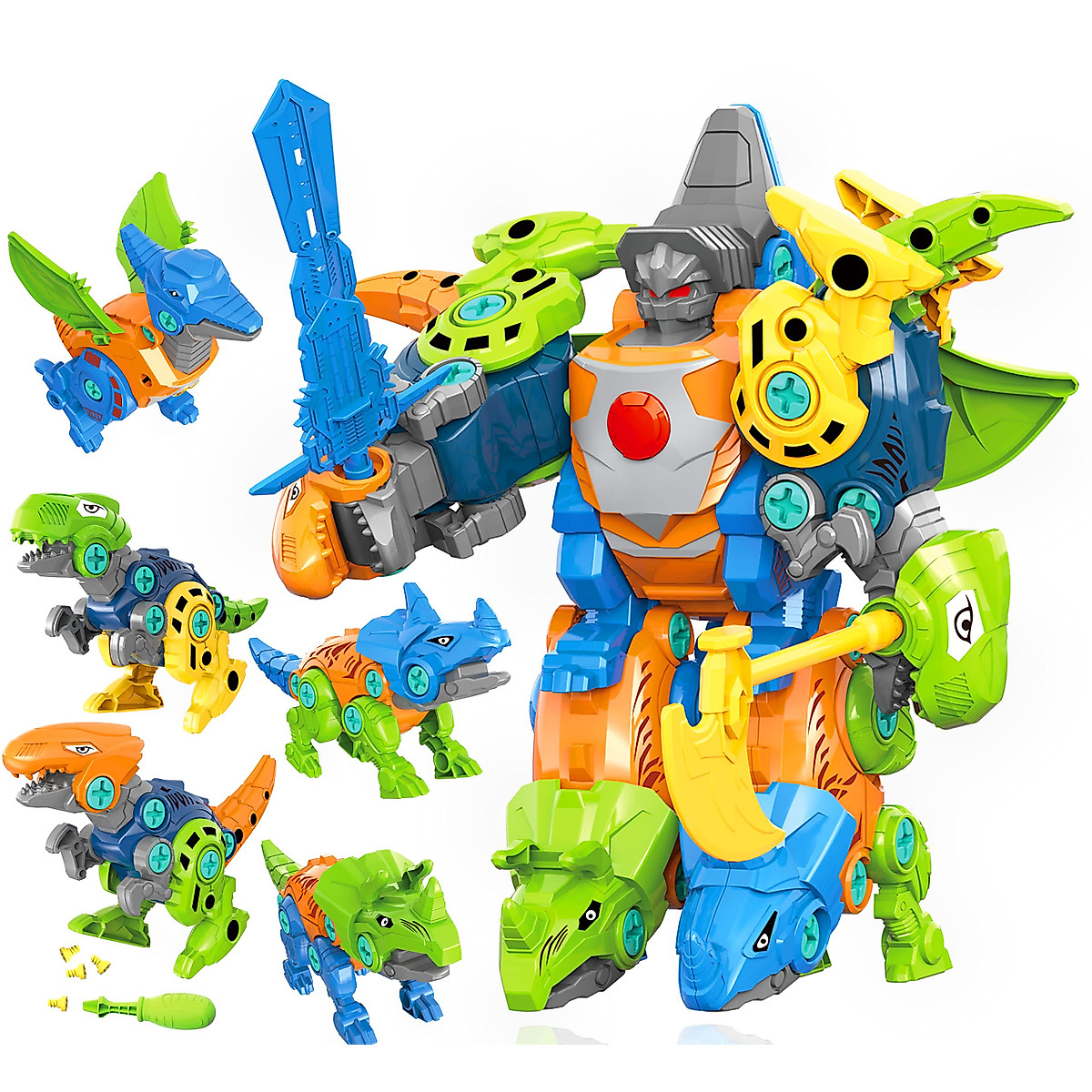 Children's Day Take Apart Robot Toy 5 in 1 Transformer Dinosaur Toys Screwdriver Transforming T-rex Building Toy STEM Educational Construction Transform Gifts for Kids Boys Girls 3 4 5 6 7 Years Old