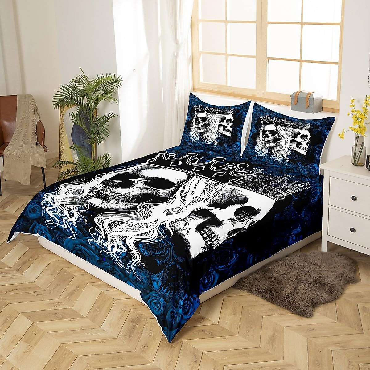 Manfei Gothic Skull Duvet Cover Set King Size, Skeleton Couple Comforter Cover with 2 Pillowcases, Blue Rose Flower Bedding Set 3pcs for Kids Boys Girls Adults Room Decor Lightweight Bedspread Cover