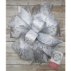 Christmas Winter Silver White Snowflake Bow for Wreath 10 inches