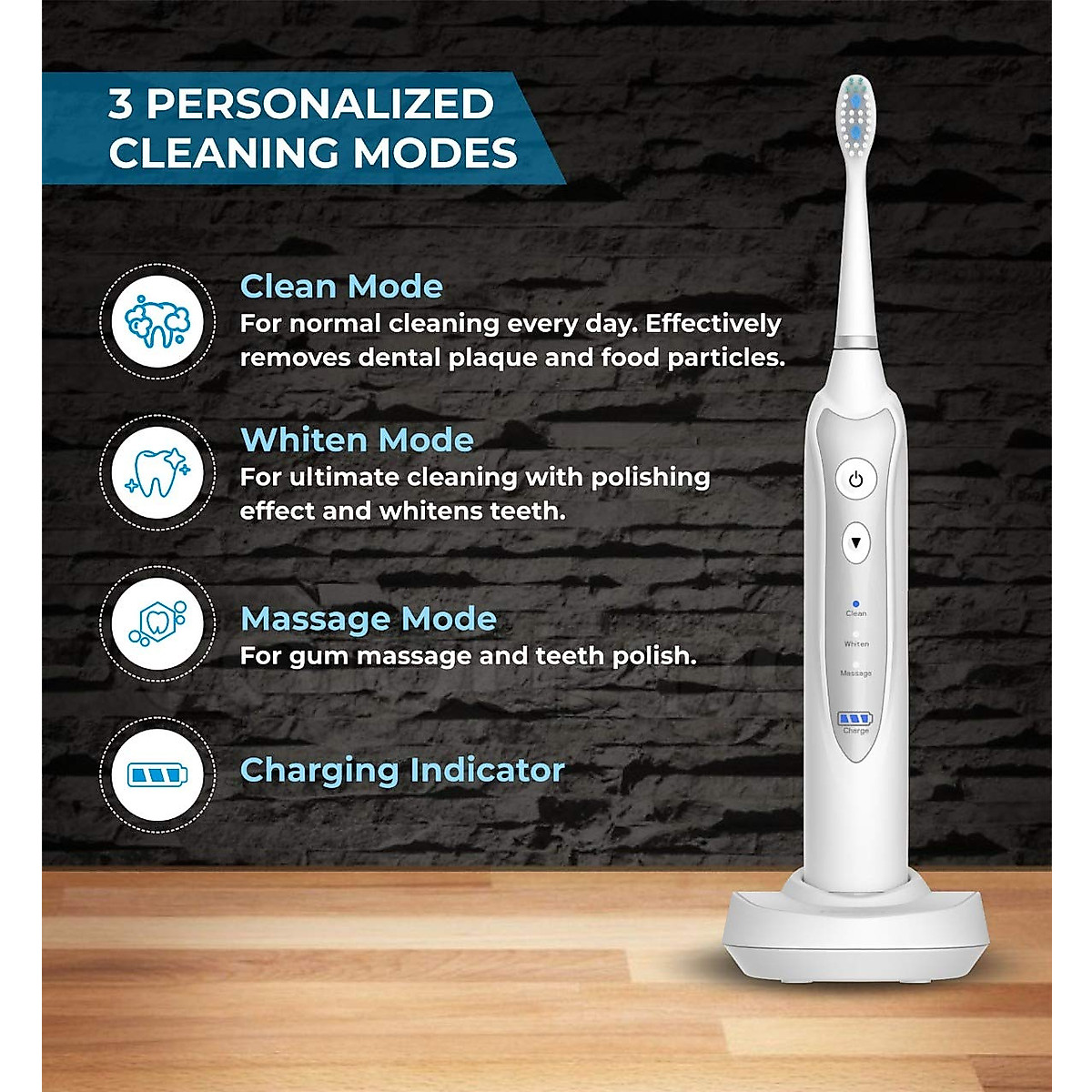 Sonic Electric Toothbrush for Adults with 5 Toothbrush Replacement Heads, 3 Brushing Modes & 2 Minutes Built-in Timer, Travel Toothbrushes with Inductive Charging, Rechargeable toothbrush | White