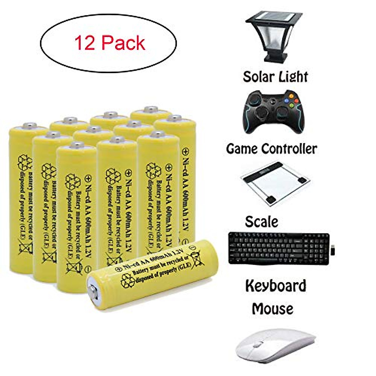 BAOBIAN AA NiCd 600mAh 1.2V Rechargeable Batteries Low Self Discharge for Solar Lights Outside Garden Lamps,Remotes,Mice Pre-Recharged (12Pack)